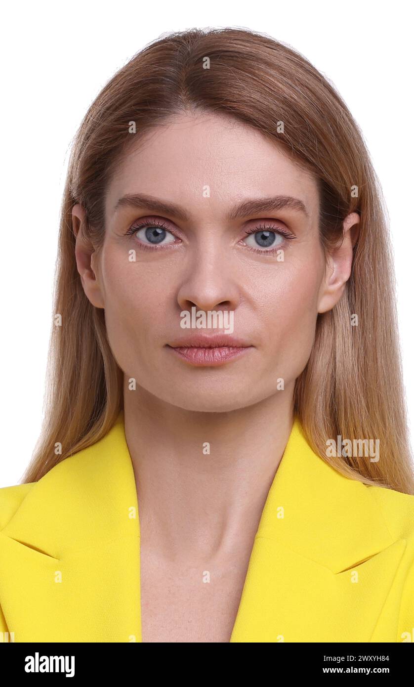 Passport photo. Portrait of woman on white background Stock Photo - Alamy