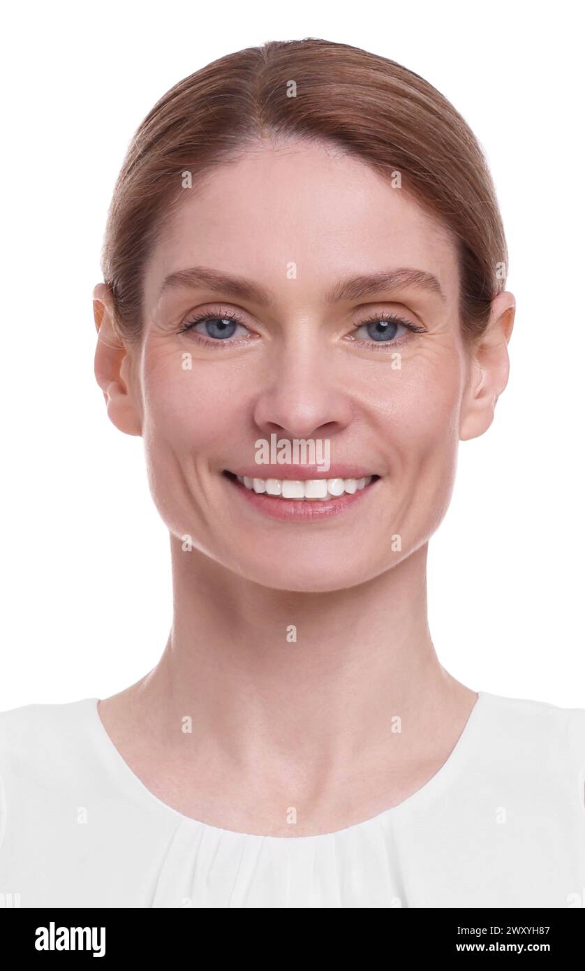 Passport photo. Portrait of woman on white background Stock Photo - Alamy