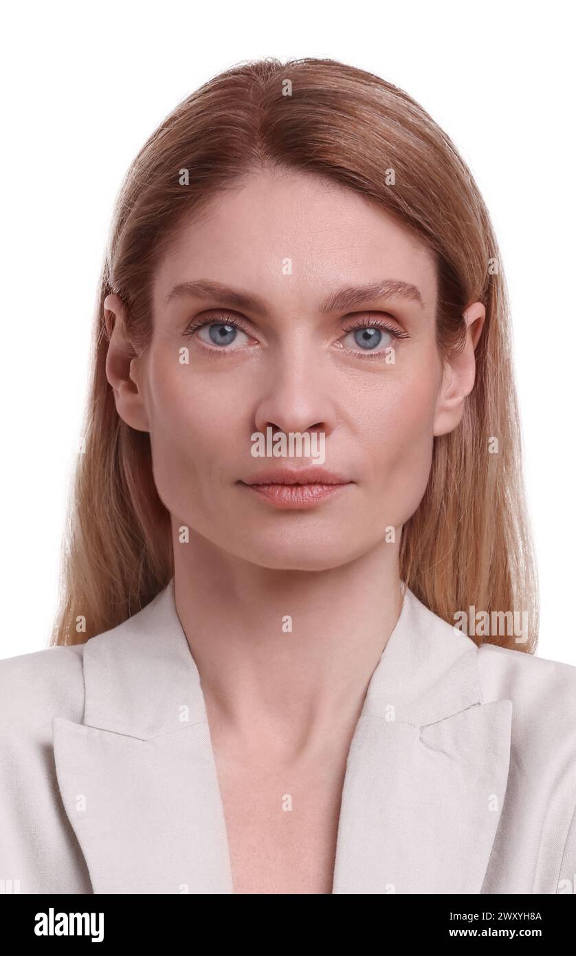 Passport photo. Portrait of woman on white background Stock Photo - Alamy