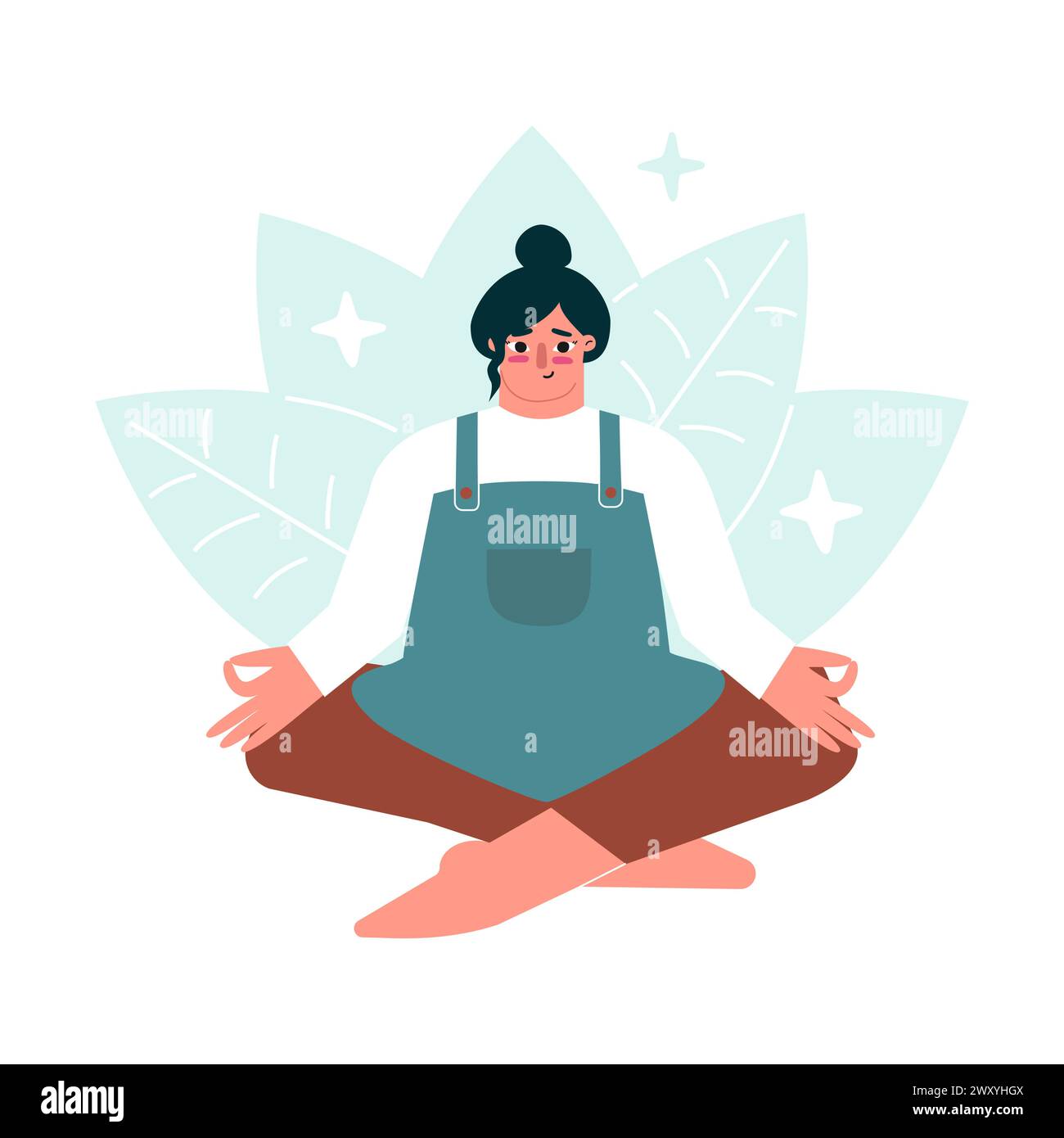 Vector flat illustration with lotus, female character in meditation ...