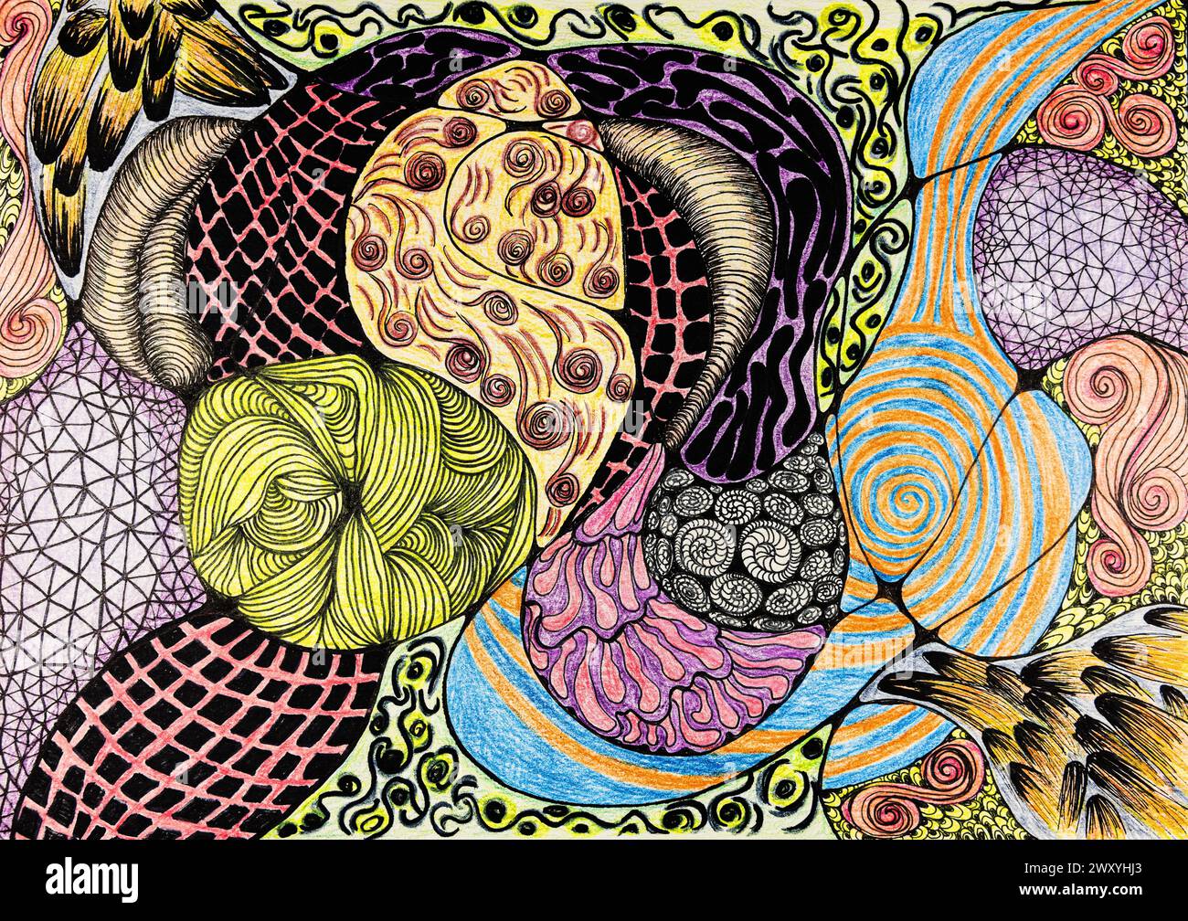 Neurographic doodle with a lot of colorful patterns. The dabbing ...