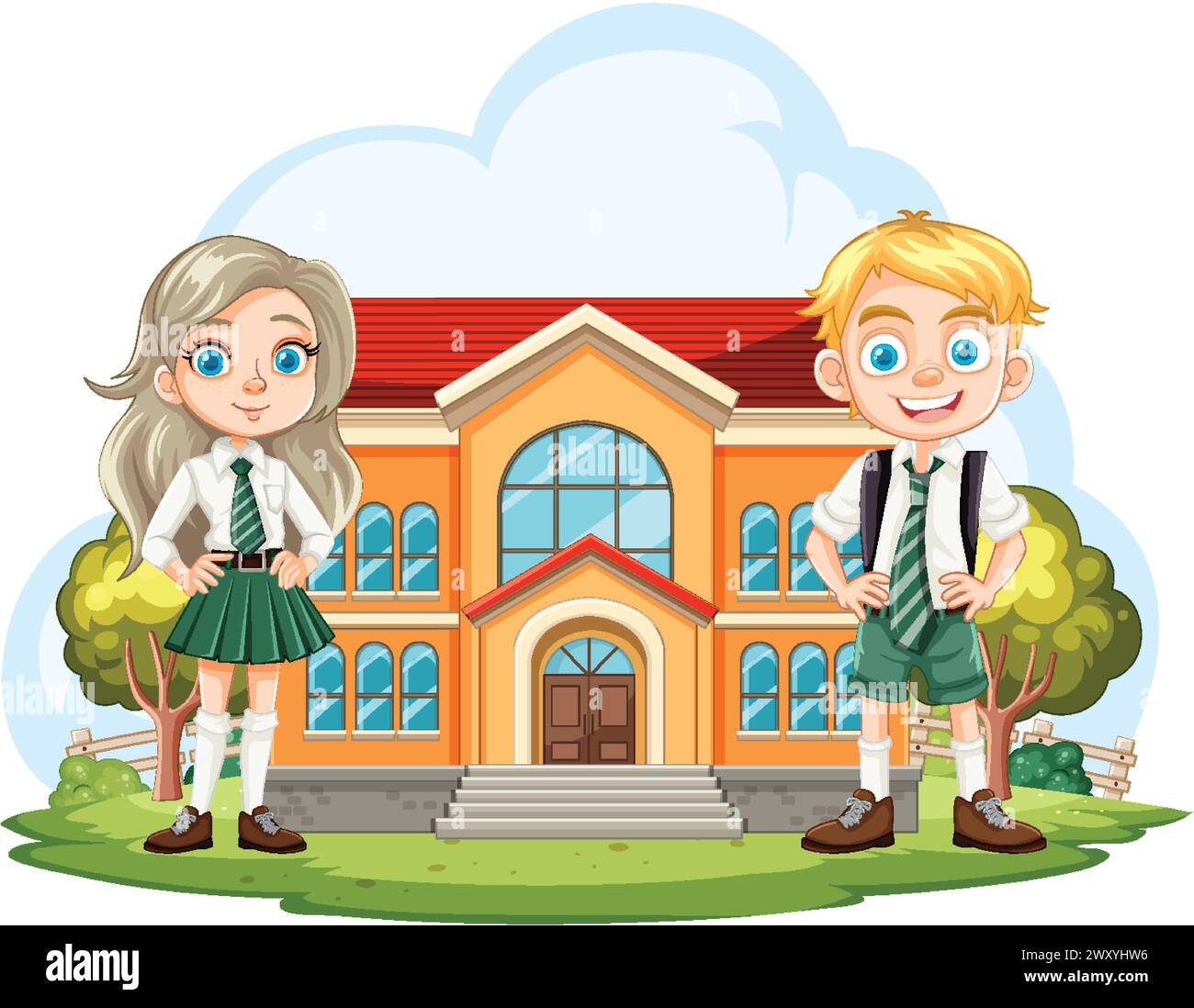 Two cartoon kids in uniform outside their school Stock Vector Image ...