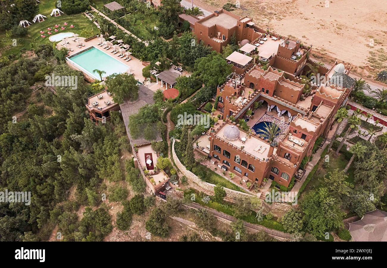 Morocco: aerial view of the Kasbah Tamadot situated in the Atlas ...
