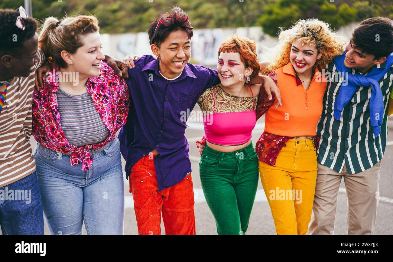 Young diverse people having fun outdoor laughing together - Lgbt and ...