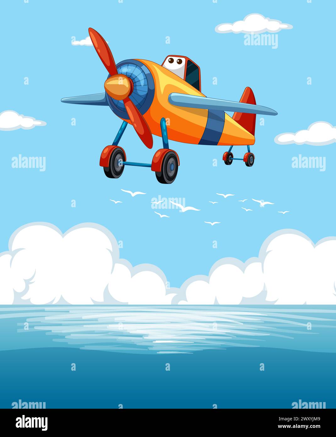 Animated airplane flying above ocean with clouds Stock Vector Image ...