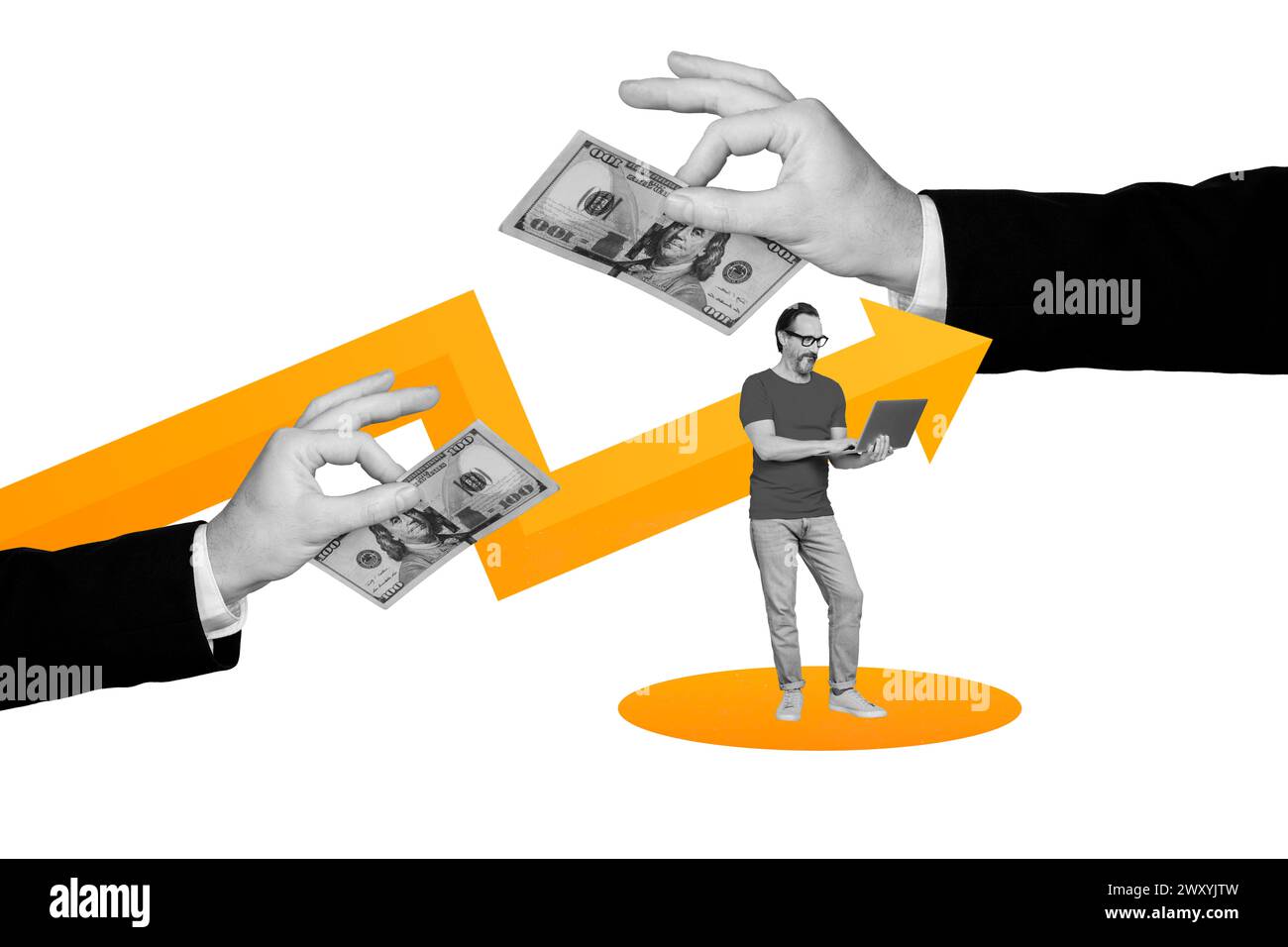 Composite photo collage of two hands offer bribe man worker type laptop ...