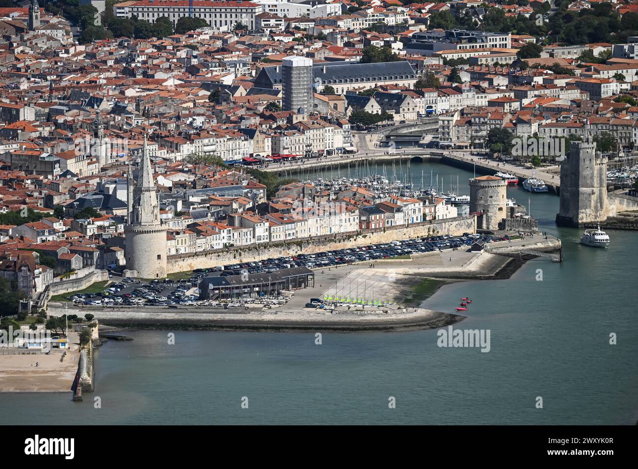 La Rochelle (central-western France): aerial view of the town, cars on ...