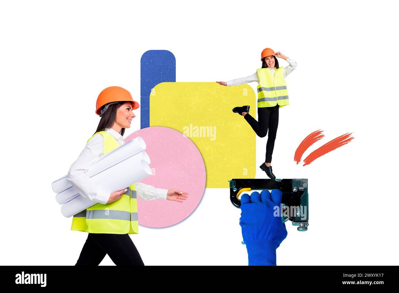 Creative photo collage young repairwoman go hold blueprint architect engineer renovation ...