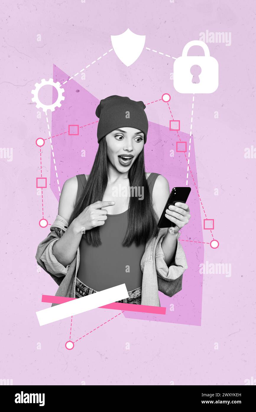 Vertical creative picture collage young woman internet user smartphone ...