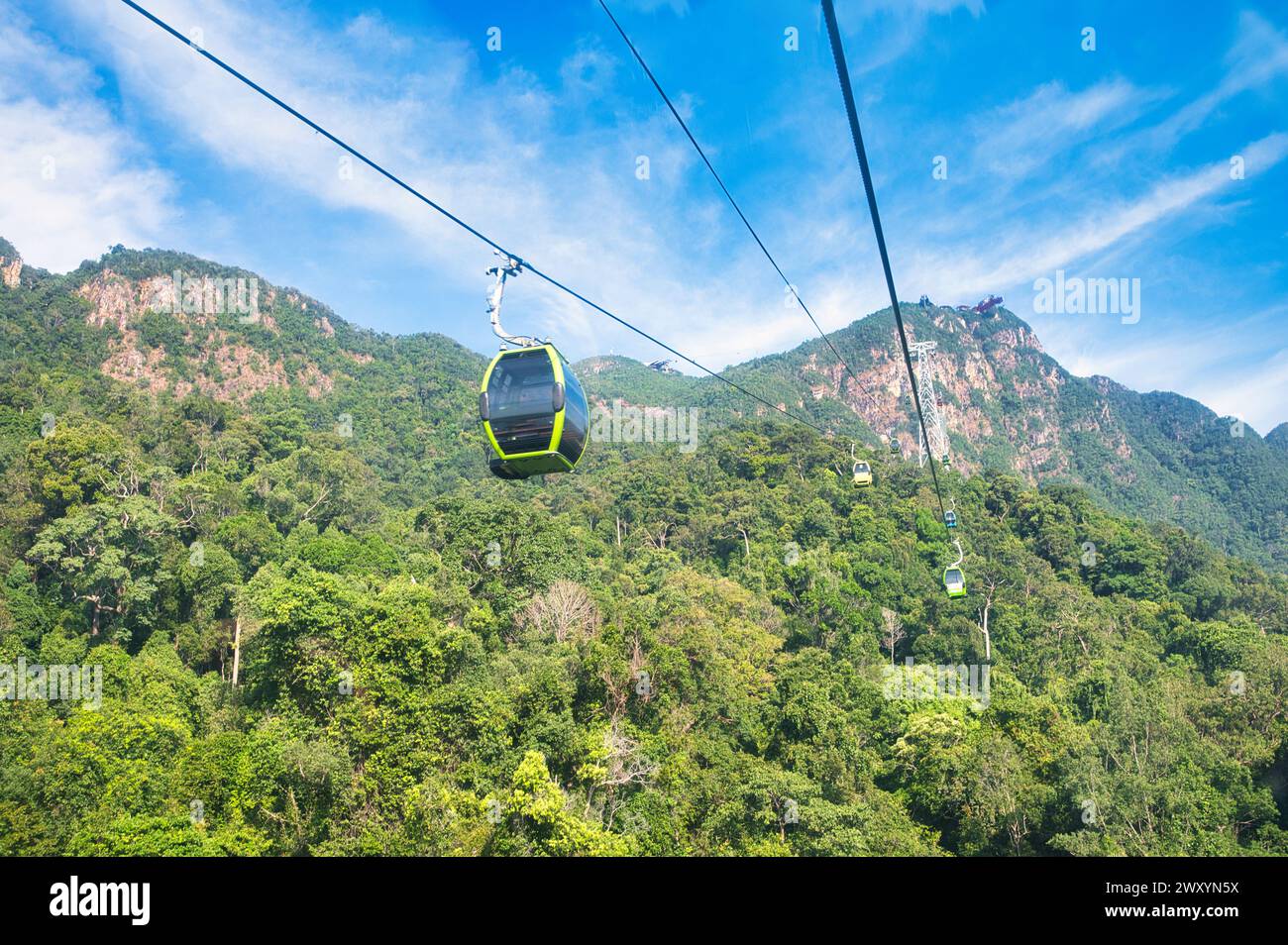 A vibrant green and yellow cable car ascends over the lush rainforest ...