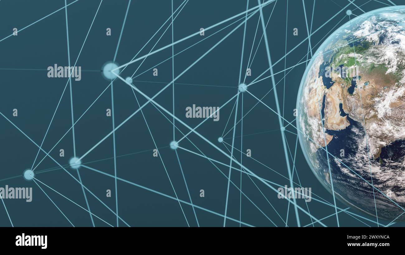 Digital illustration depicting interconnected nodes overlaying Planet Earth, symbolizing global ...