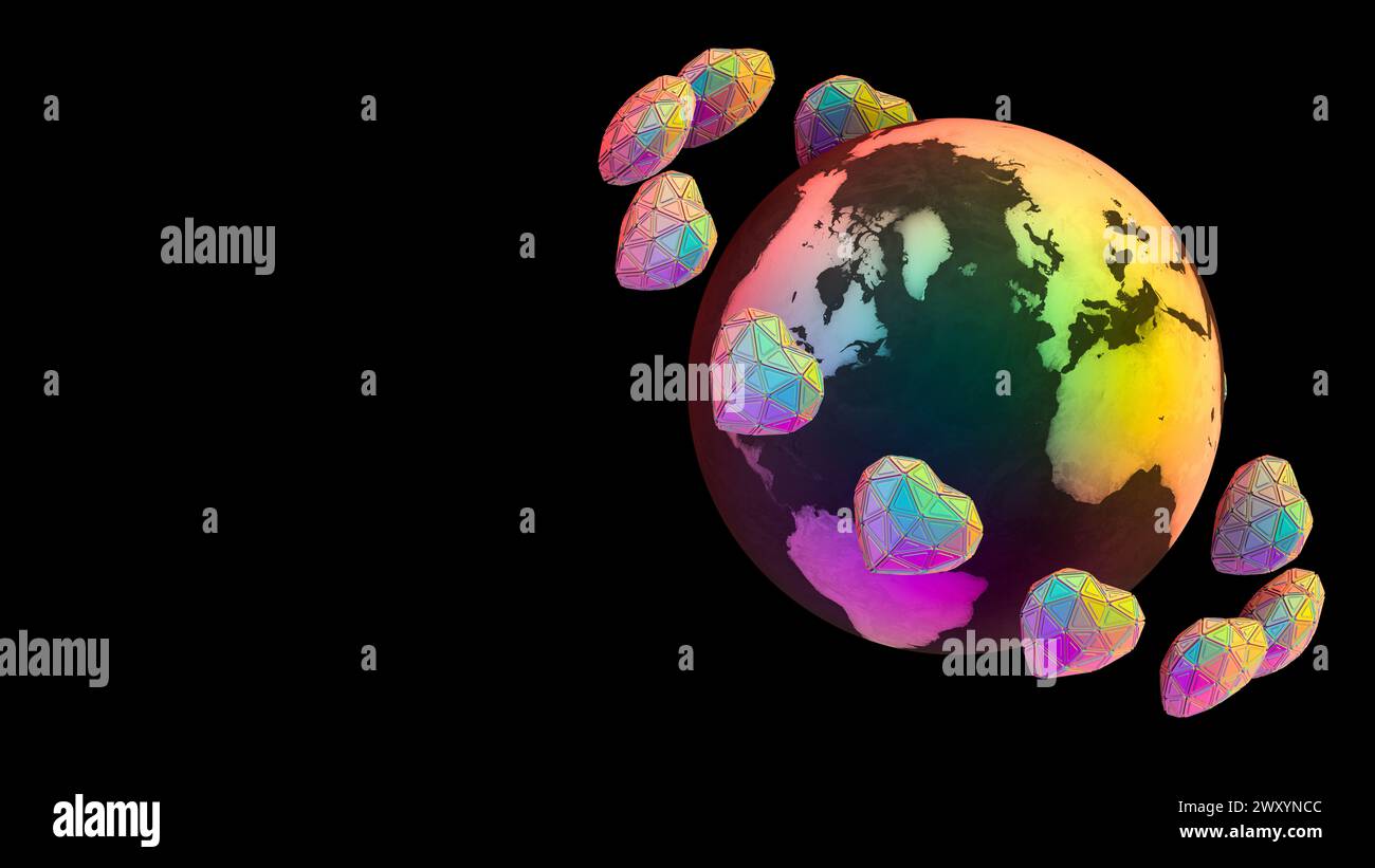 An abstract rendition of the Earth with vibrant hues and floating ...