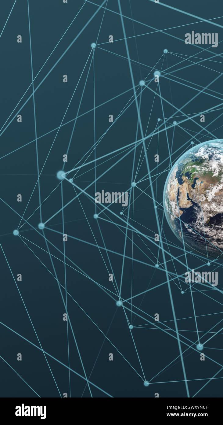 A conceptual graphic showcasing a network of lines and nodes with a partial view of Planet Earth ...