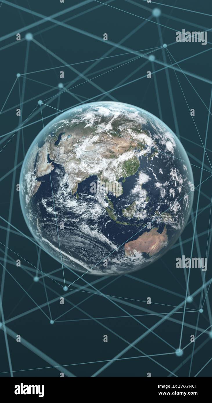This image features a full view of Earth encased in a complex digital ...