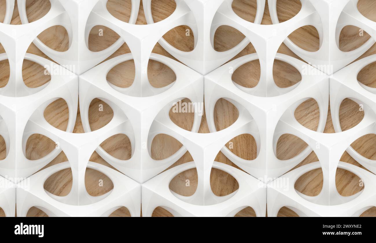3D wallpaper of glossy white lattice elements on oak wood background ...