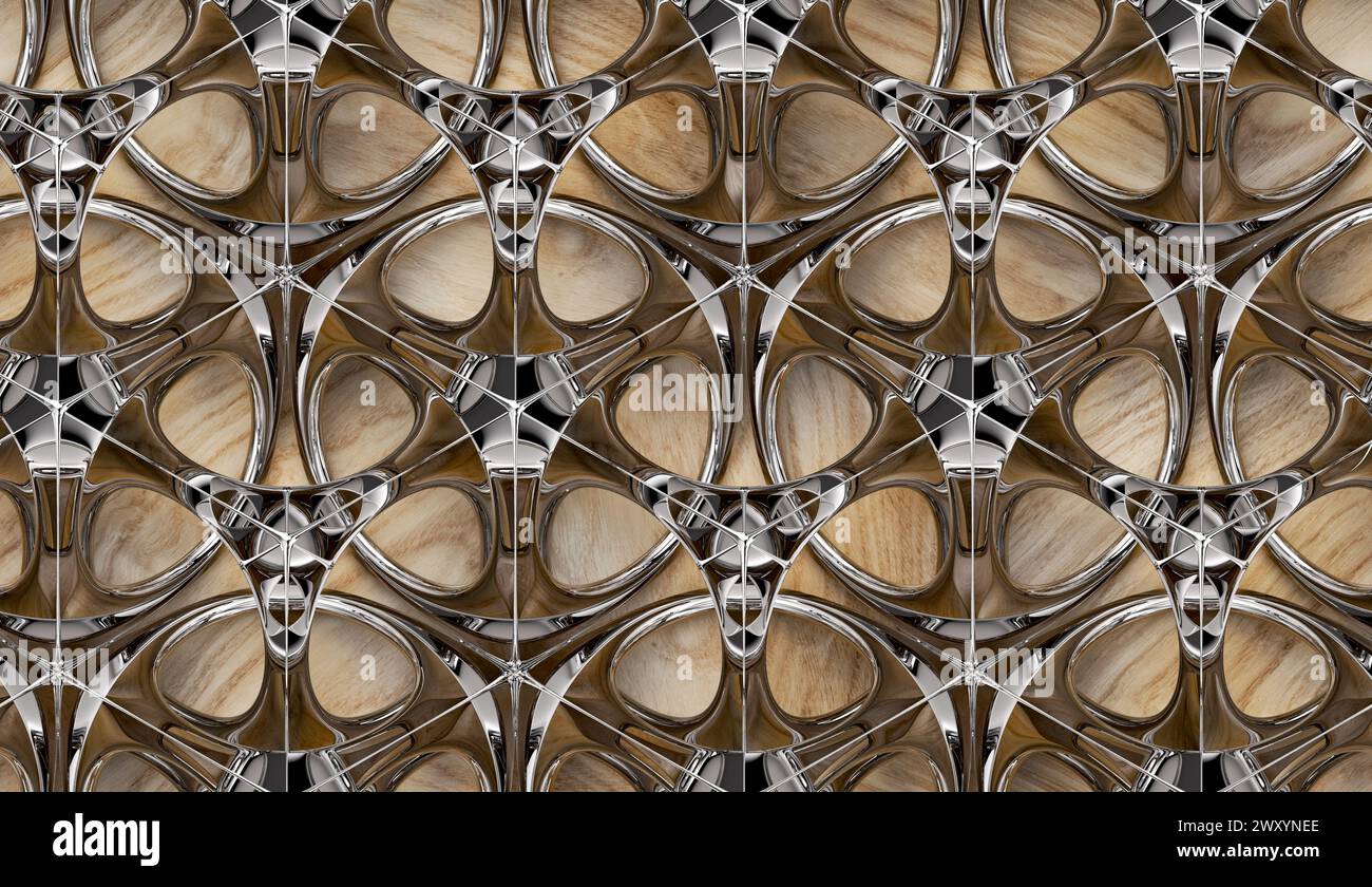 3D wallpaper of chrome metal lattice elements on oak wood background ...