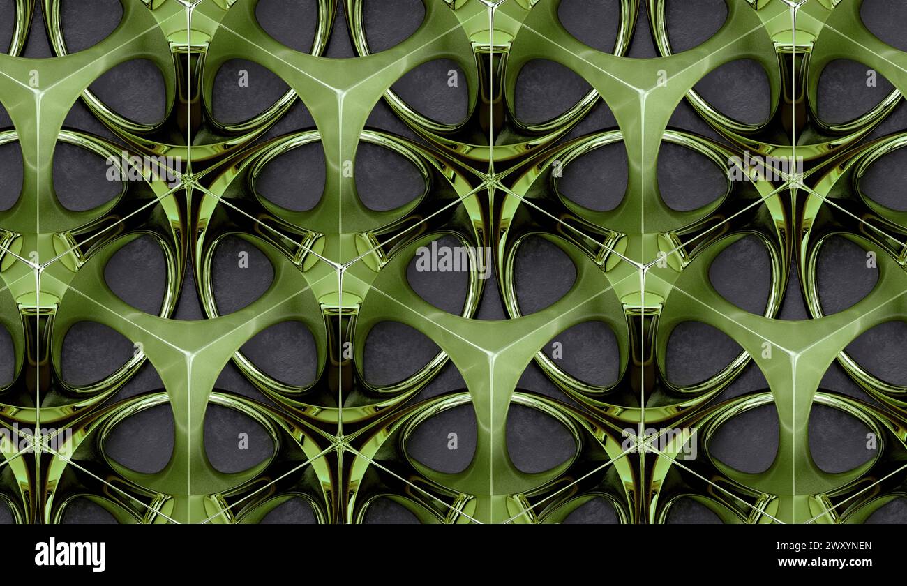 3D wallpaper futuristic green chrome metal grid on gray stucco ...