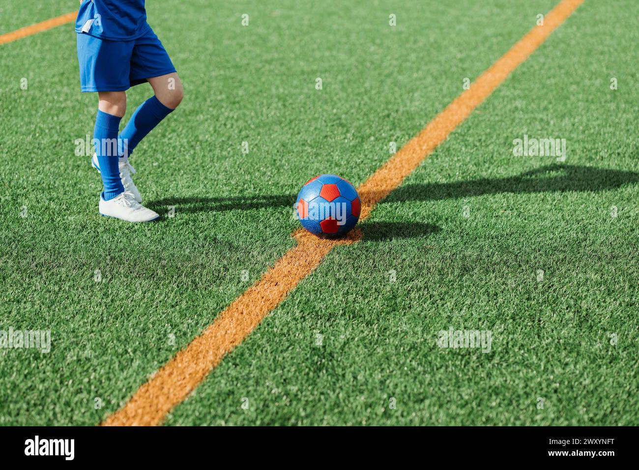 Cropped view of a soccer player in blue standing beside a colorful ...