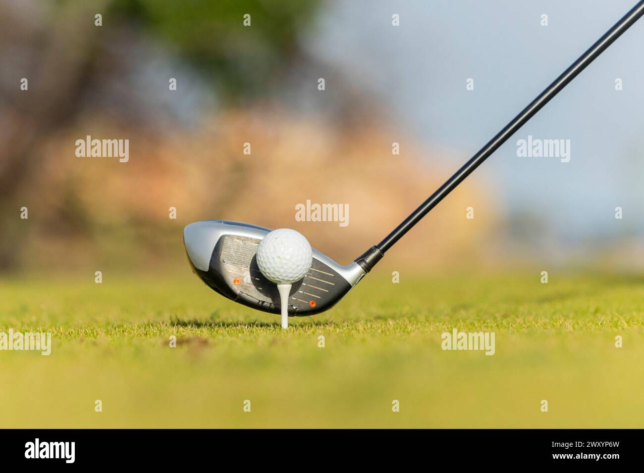 A close-up shot of a golf club aligned with a golf ball on a tee, set ...