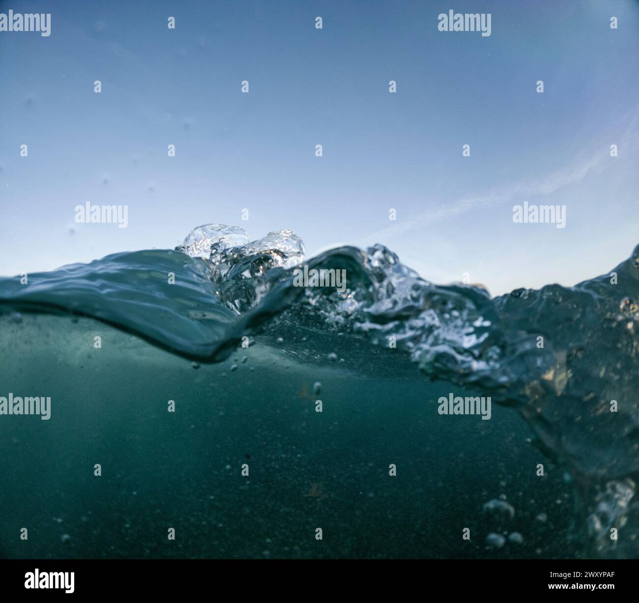 Close-up image capturing the serene yet dynamic boundary where water ...