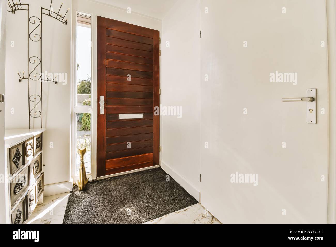 An inviting modern home entrance featuring a stylish wooden front door ...