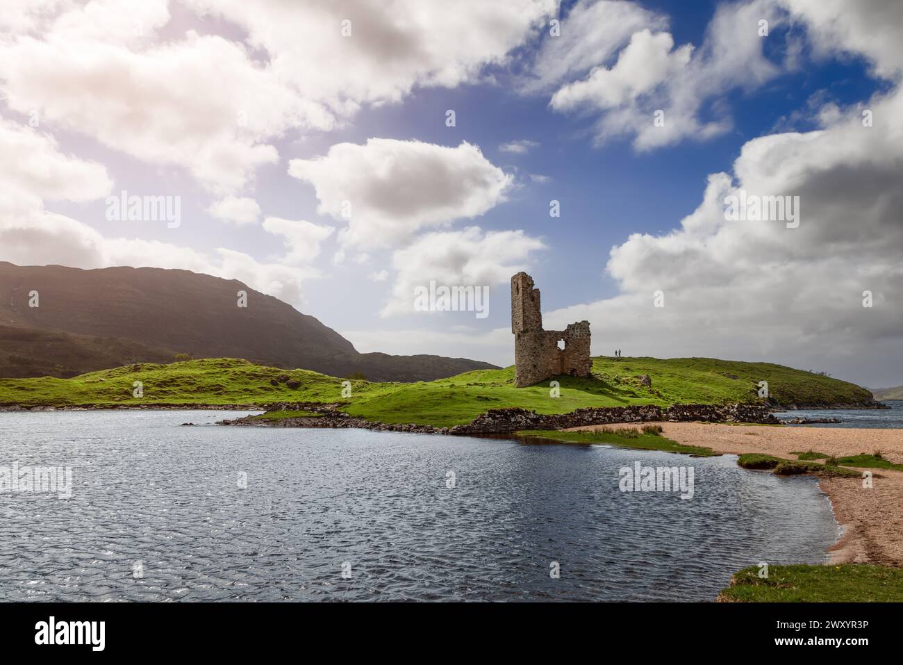 The picturesque ruins of Ardvreck Castle, nestled on a lush green ...