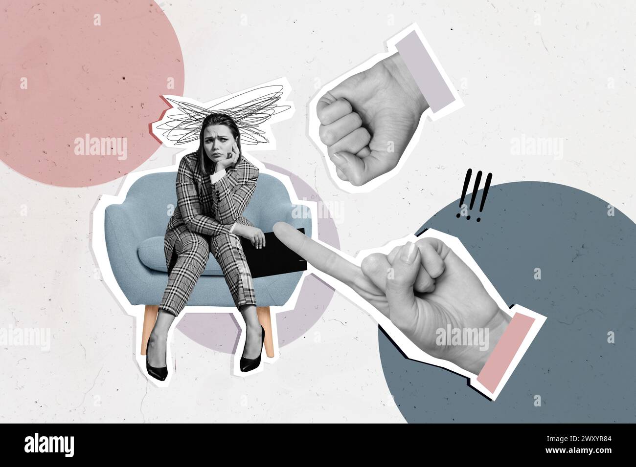 Composite photo collage of tired businesswoman hands point index fist ...