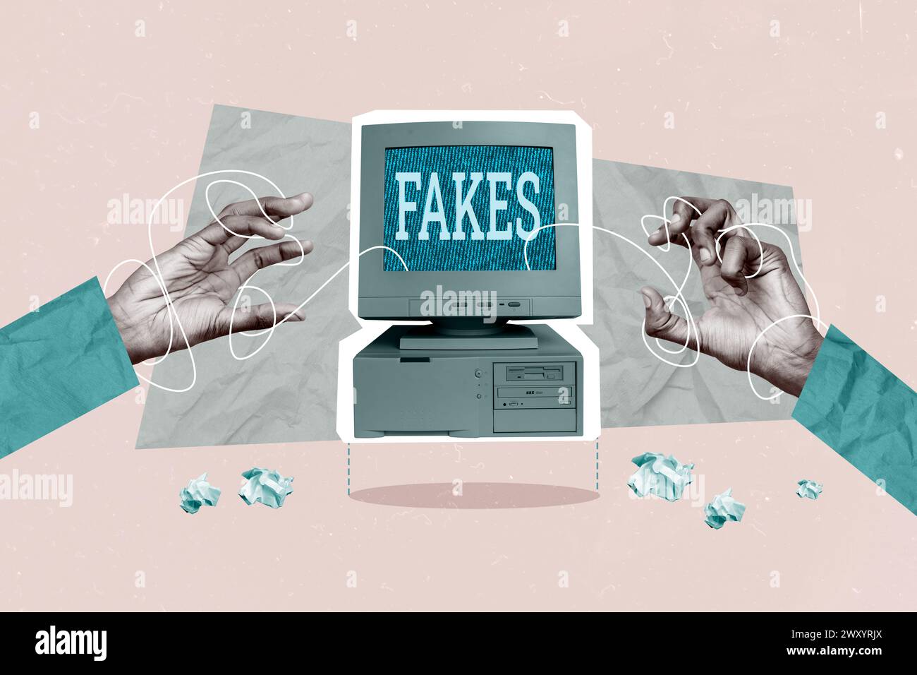 Collage human hands authority manipulation mass media social network ...