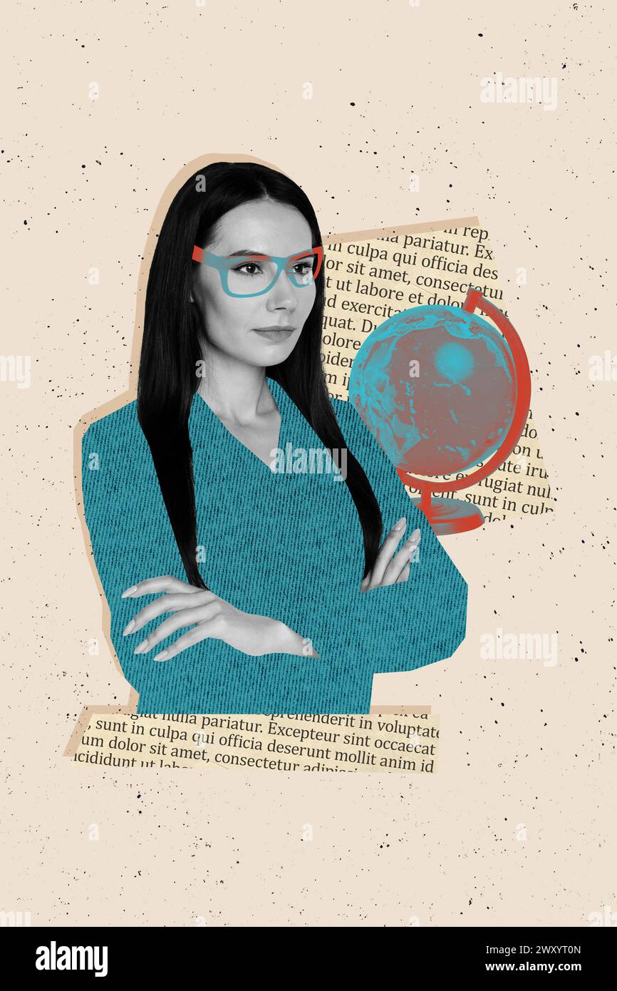 Vertical photo collage of serious girl stand pose teacher geography ...
