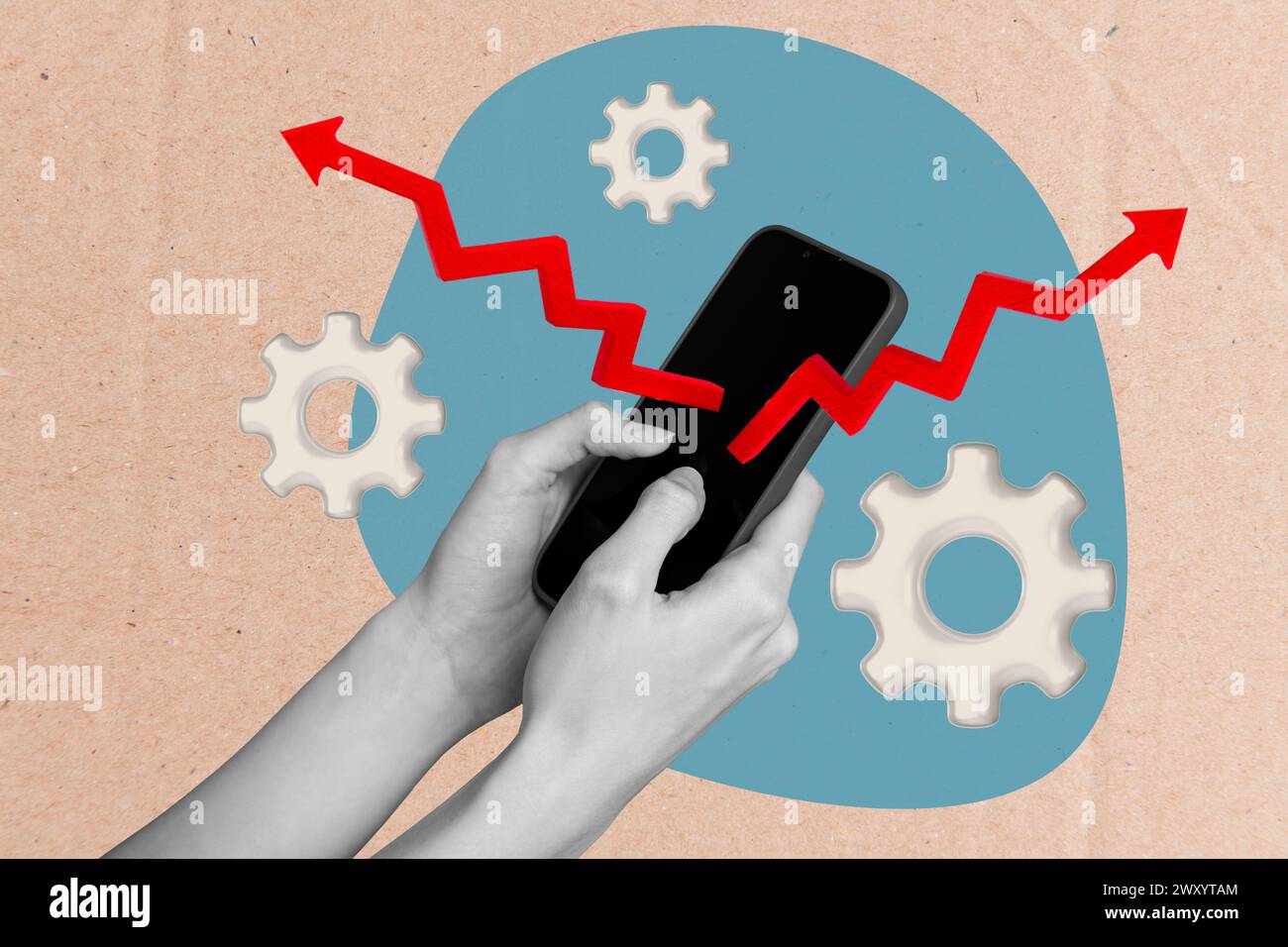 Creative picture collage human hands holding smartphone internet ...