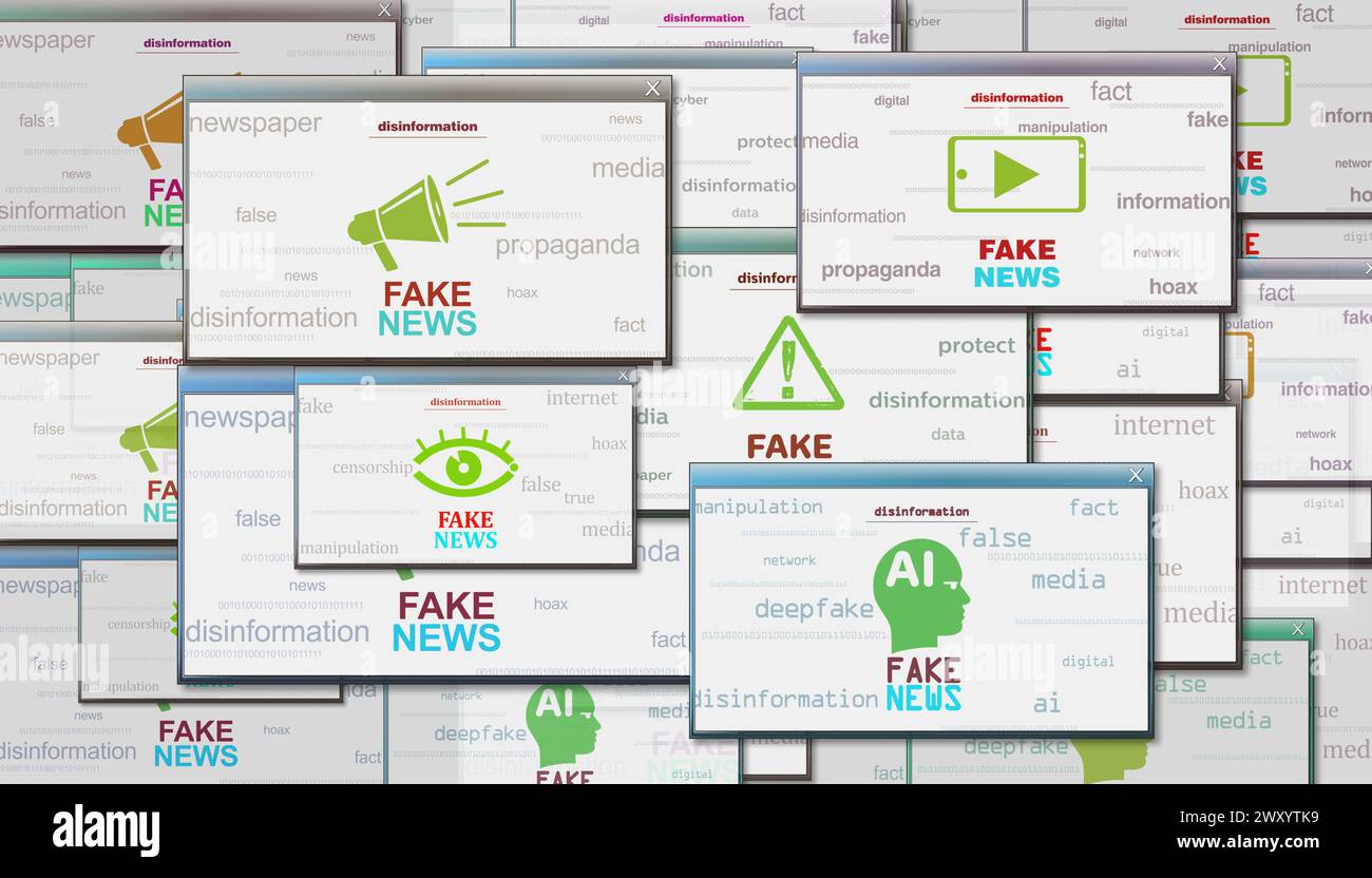 Fake news hoax and disinformation symbol technology concept. Abstract ...