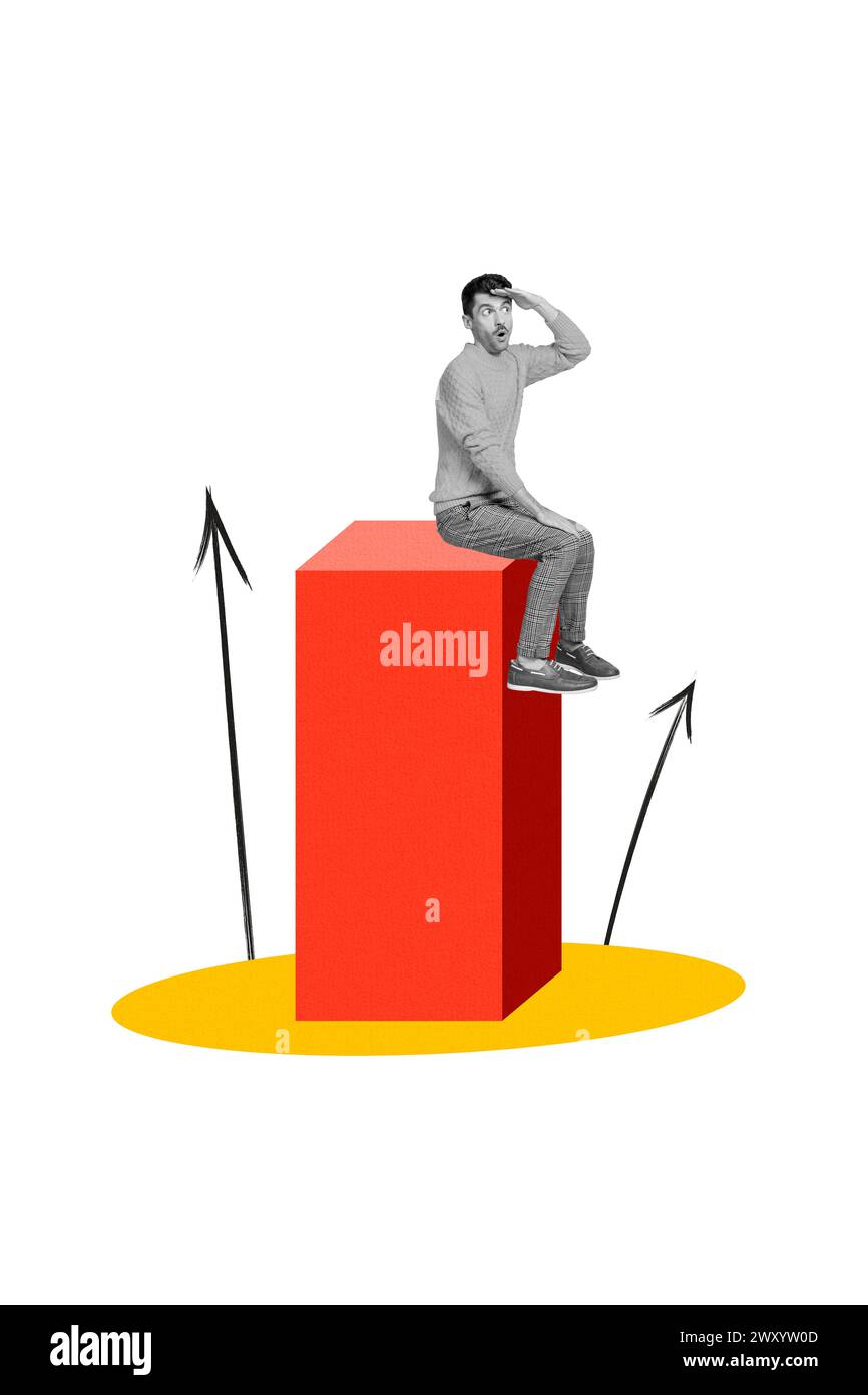 Vertical photo collage young sitting man arrows development improvement ...