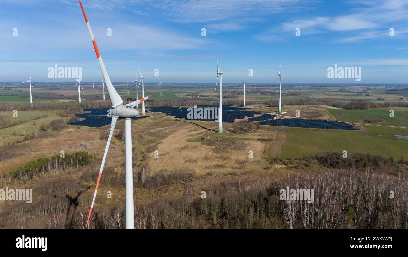 The Wind turbines and Electrum solar park in Taurage, Lithuania Stock ...