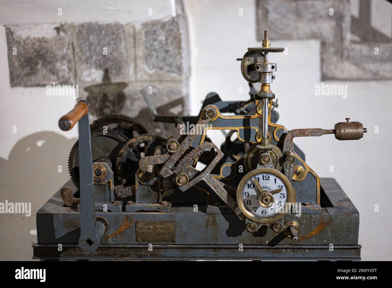 Detail of the mechanism of a very old manually wound tower clock by ...