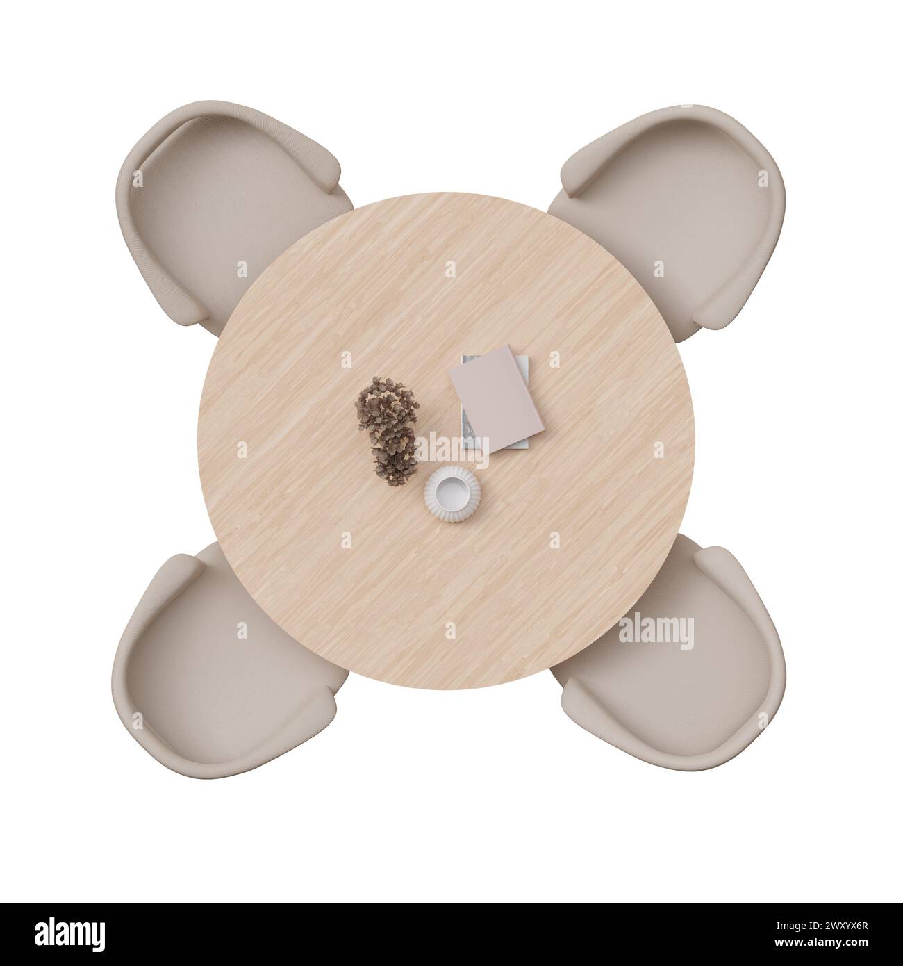 Overhead view of dining set with a wooden table and beige chairs. Round ...