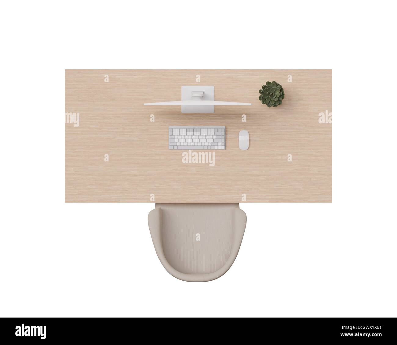 Overhead view of wooden desk and beige chair. Work table isolated on ...