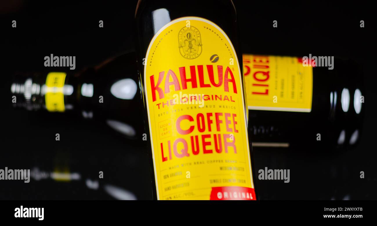 LONDON, UK - 27 MARCH 2024 Kahlua Original coffee liqueur is the main ...