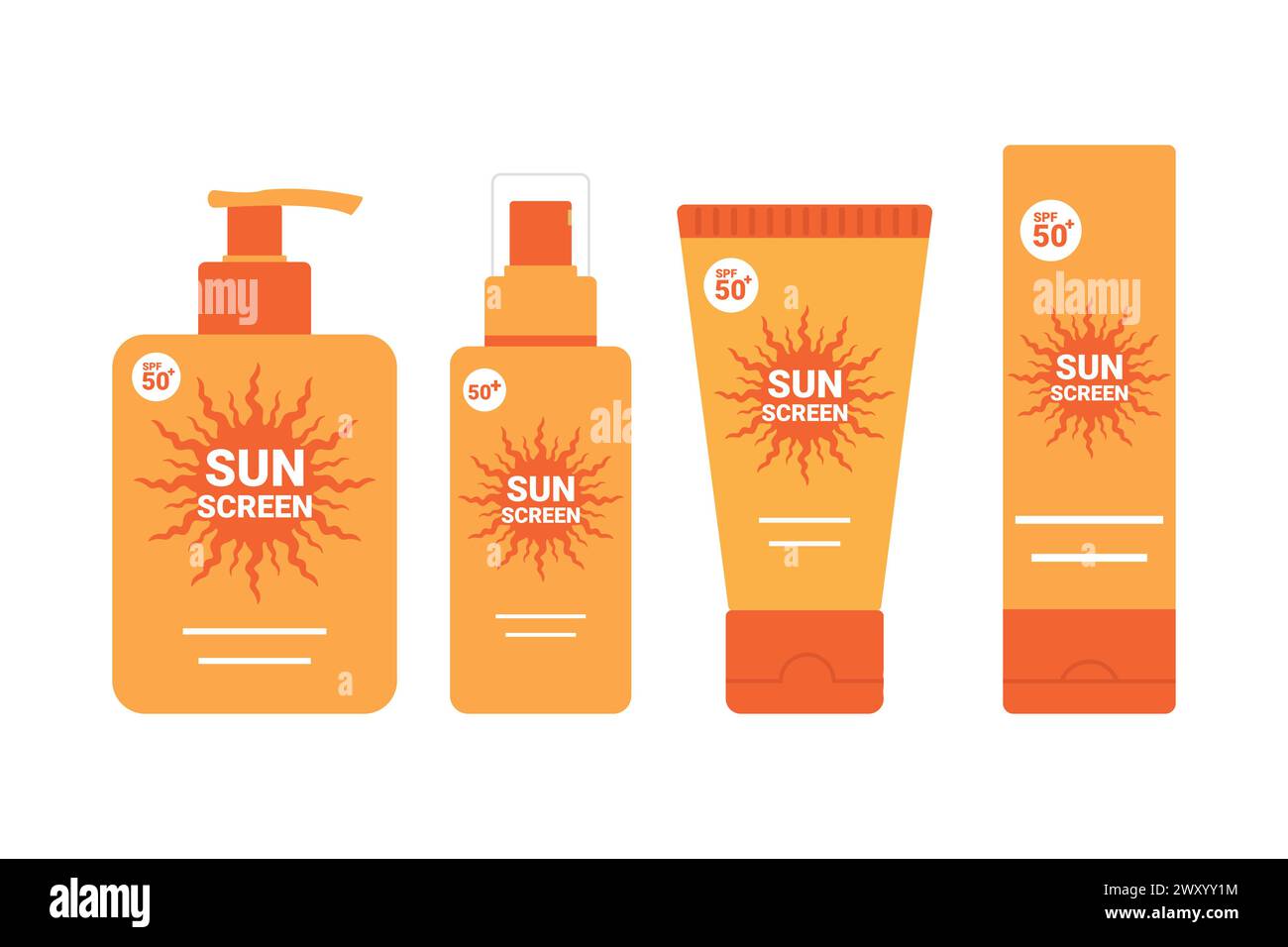 Bottles and tubes with a sunscreen lotion or cream. Sunscreen product package design. SPF 50 ...