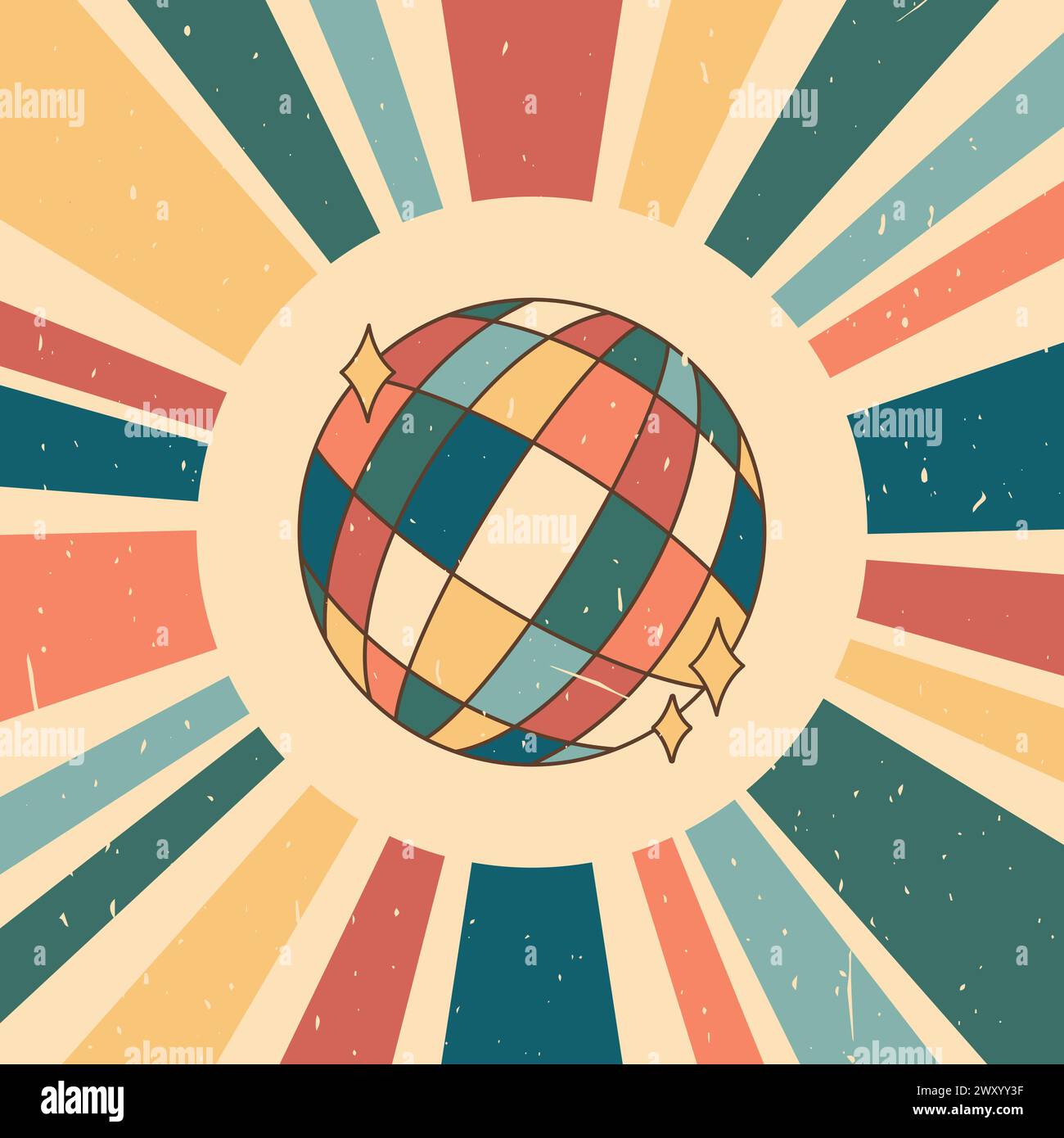 Sparkling disco ball in retro style. Trendy retro design with grunge ...