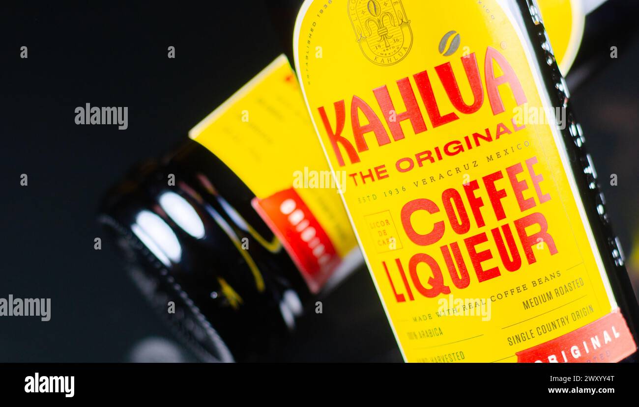 LONDON, UK - 27 MARCH 2024 Kahlua Original coffee liqueur is the main ...