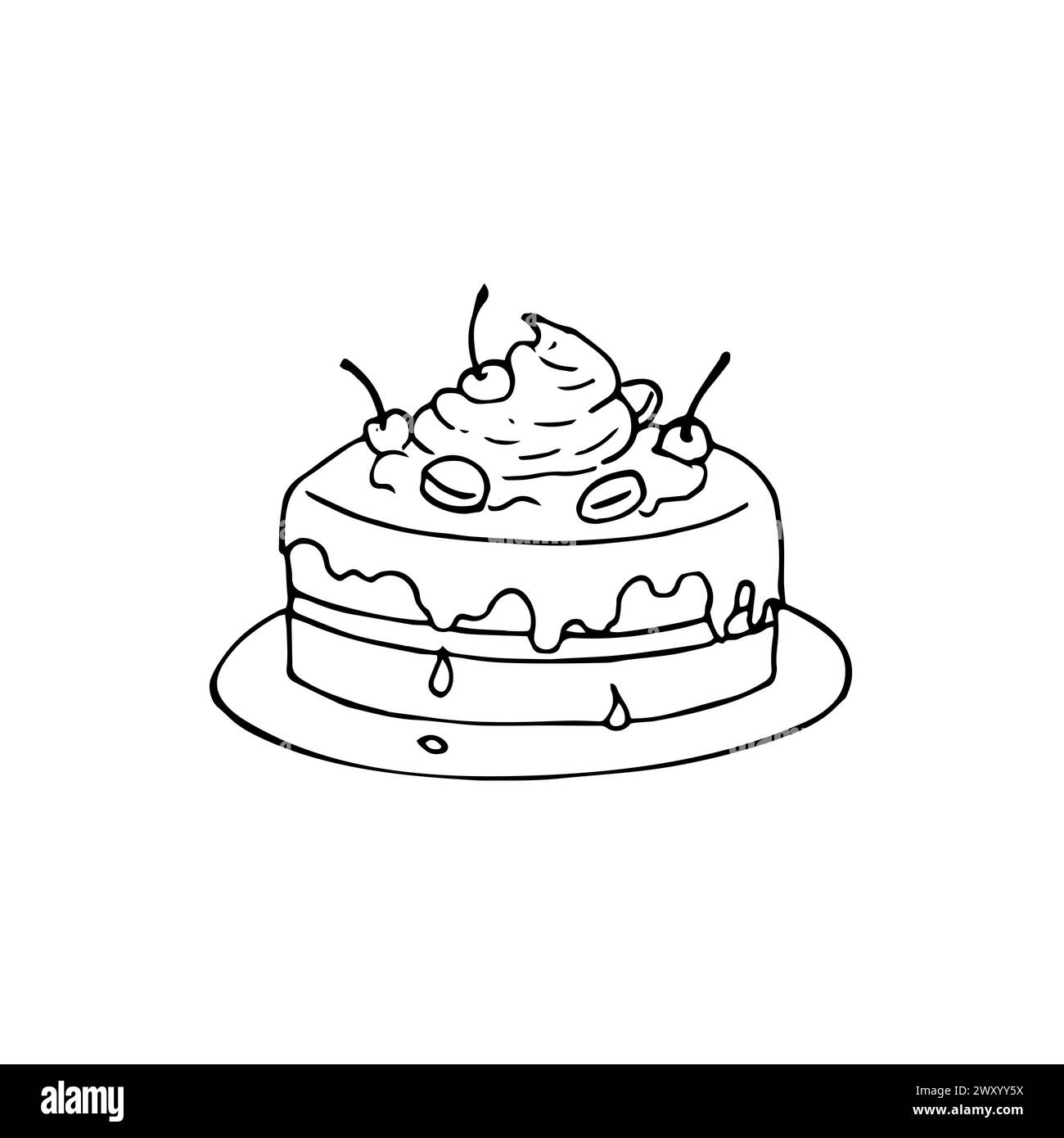 Hand-drawn cake illustration. Doodle style dessert. Cake with cherries ...
