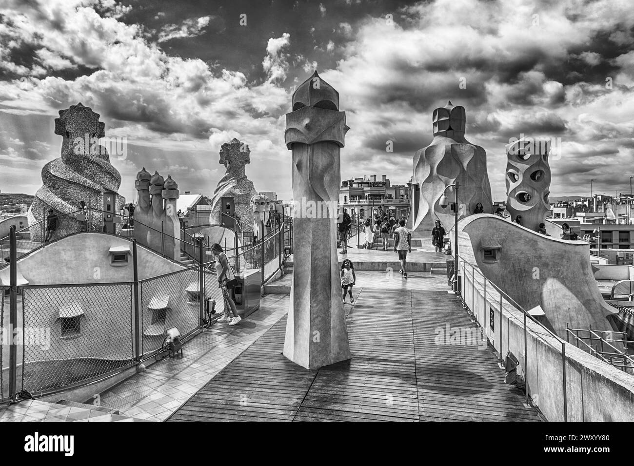 BARCELONA - AUGUST 9: The scenic architecture on the rooftop of Casa ...