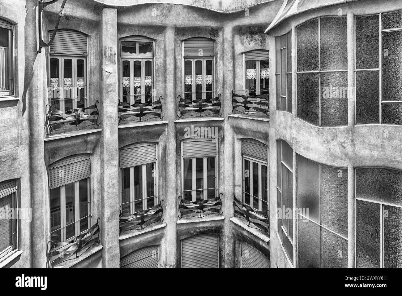 BARCELONA - AUGUST 9: Windows in the inner courtyard of Casa Mila, aka ...