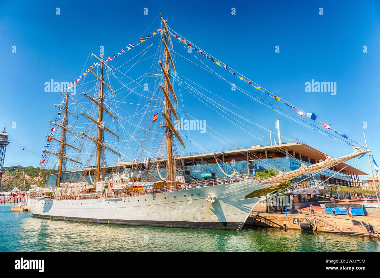 BARCELONA - AUGUST 10: Three-masted sailing ship in the port of ...