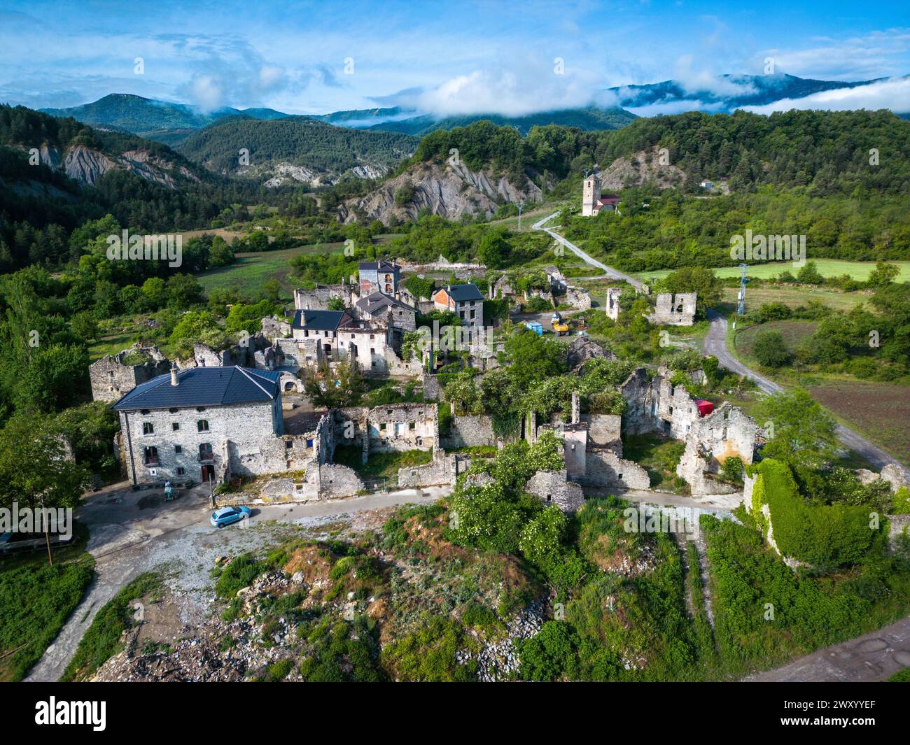 Spain, Janovas: aerial view of the village under reconstruction. All ...