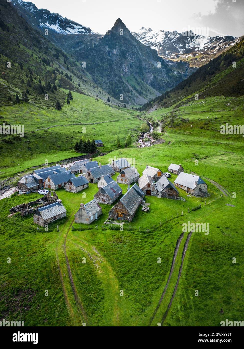 Aerial view of the Moudang barns, between Saint-Lary-Soulan and the ...