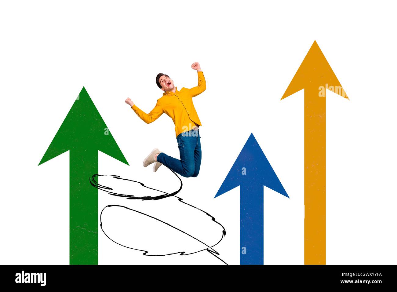 Creative picture collage young happy winner overjoyed man arrows ...