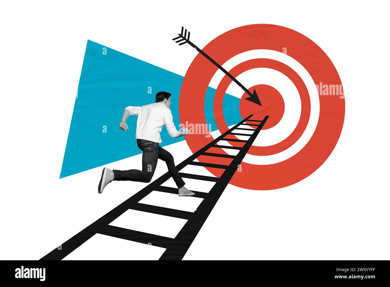 Creative collage young ambitious running man reach goal dream achieve ...