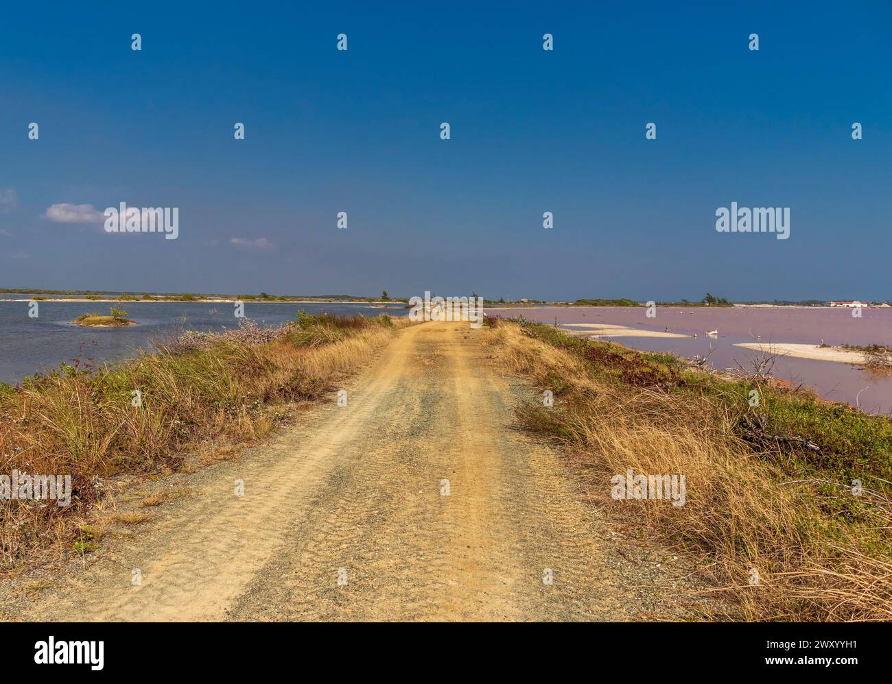 Shot of the two different colored lakes in Cuba, Cayo Coco island. Pink ...
