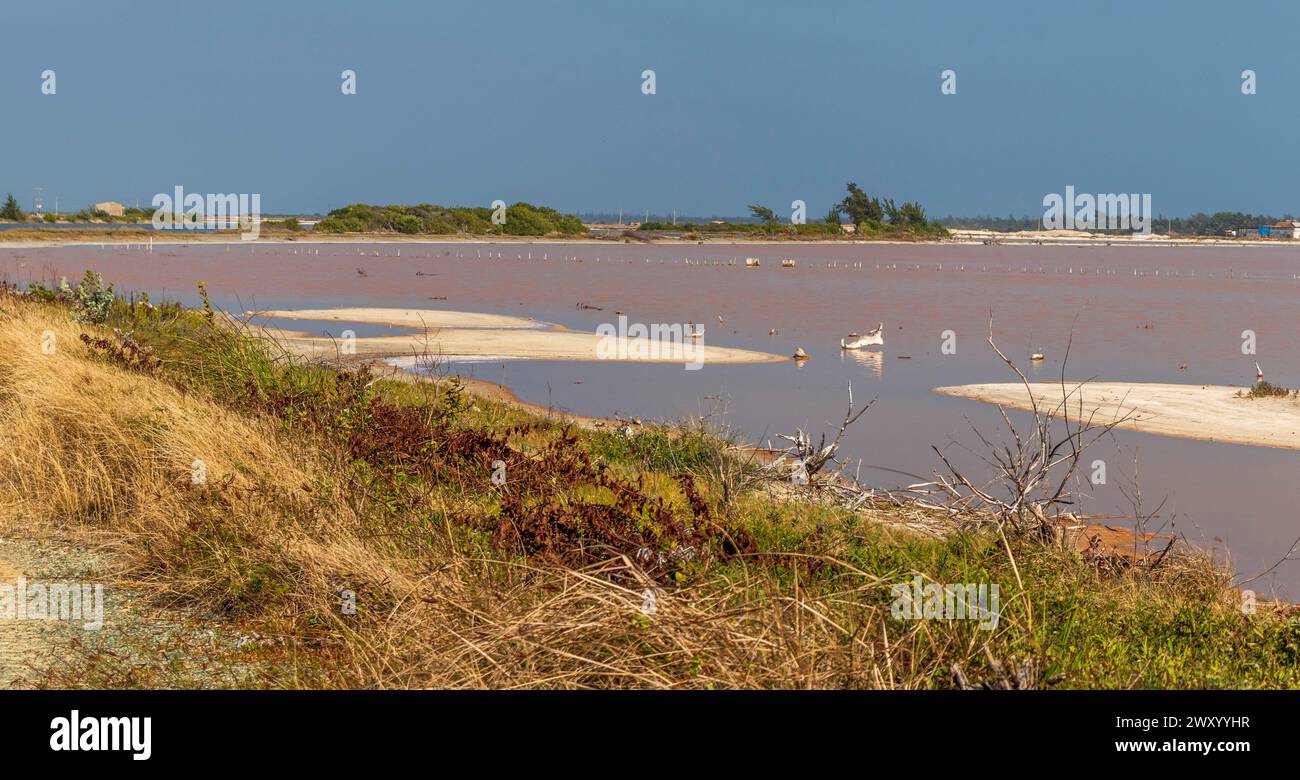 Shot of the two different colored lakes in Cuba, Cayo Coco island. Pink ...